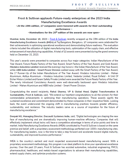 Press Releases from the India Manufacturing Excellence Awards